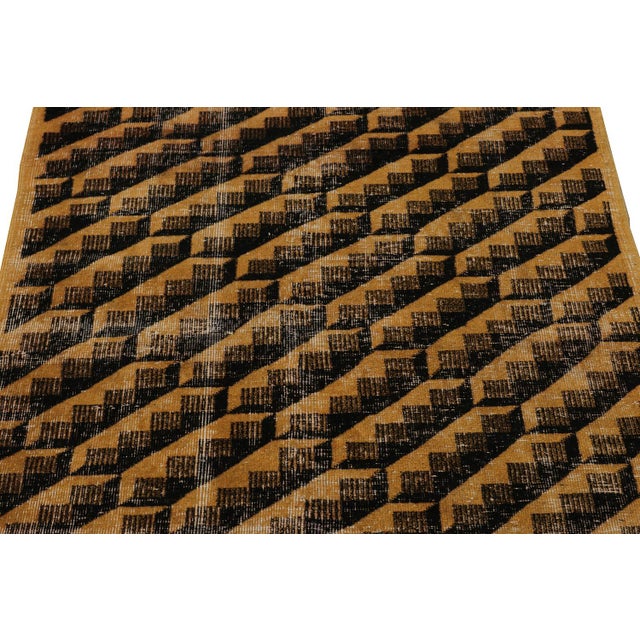 1960s Vintage Art Deco Distressed Rug in Gold, Black Geometric Pattern ...