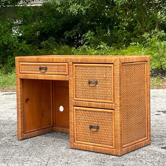 Late 20th Century Vintage Coastal Wrapped Rattan Writing Desk | Chairish