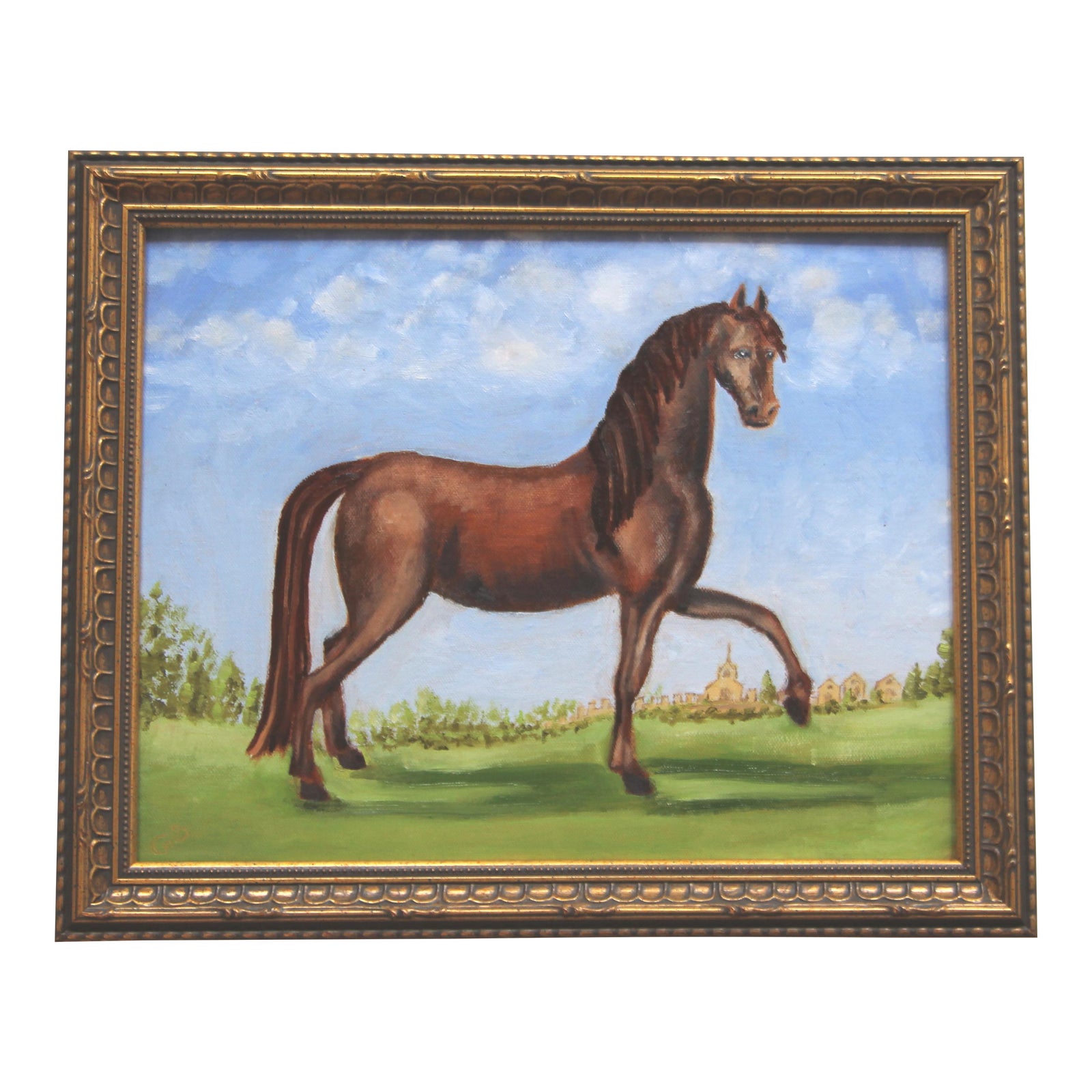 Horse in Landscape English Traditional Folk Art, Realism Brown, Blue ...