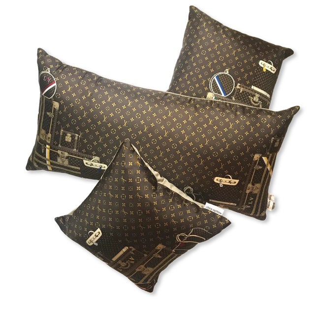 Louis Vuitton Monogram Luggage Vintage Silk Scarf Pillow | Chairish