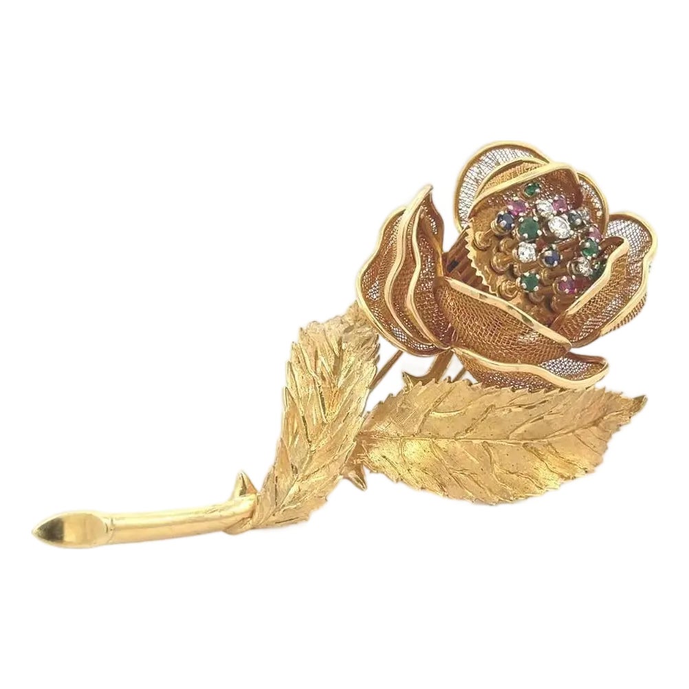 Diamond & Gems 18k Yellow Gold Movable Mesh Petals Rose Brooch | Chairish