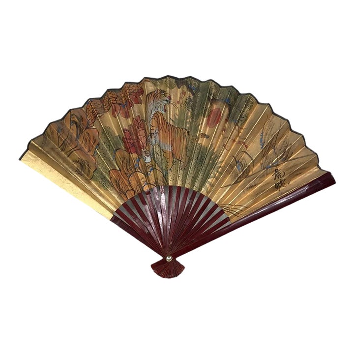 Vintage Artist Sign Tiger Decorative Wall Folding Fan Hand Painted ...