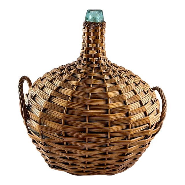 Large French Oval Wicker Clad Blown Aqua Glass Carboy or Demijohn ...