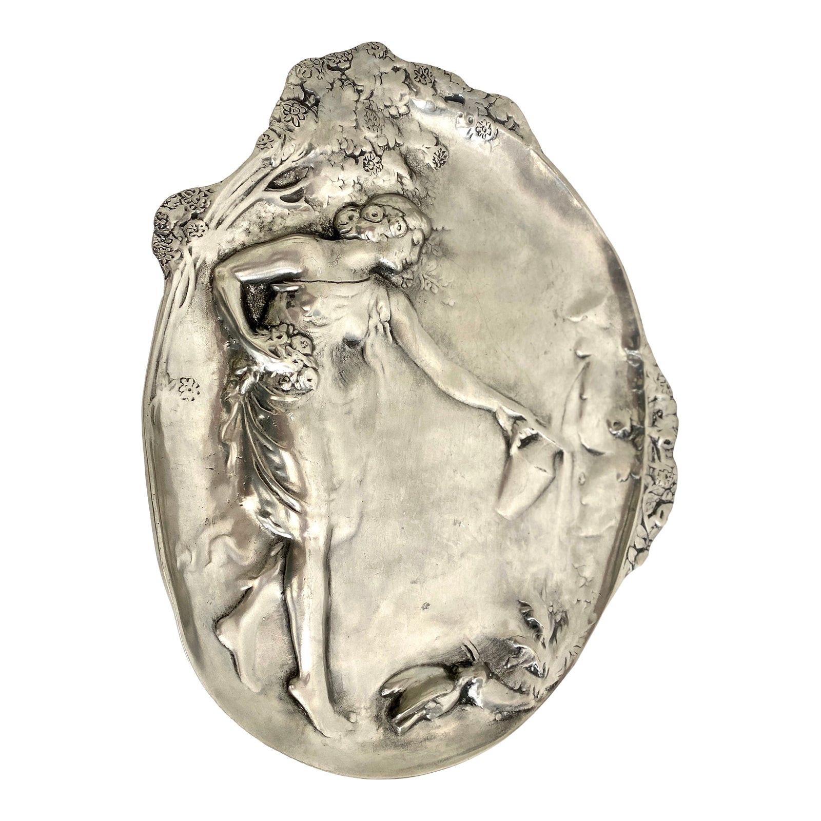 1910 Art Nouveau Nymph Pewter Wall Plaque Plate | Chairish