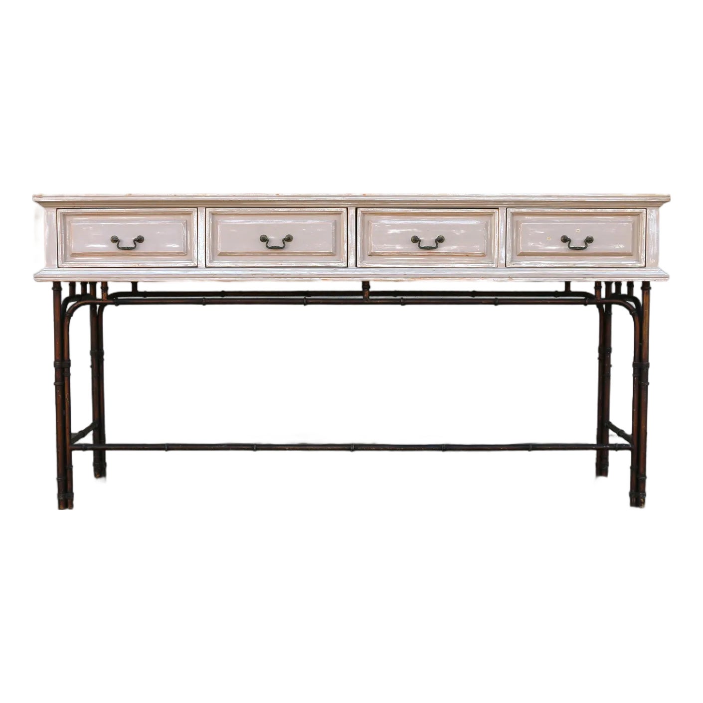 1970s Hollywood Regency Faux Bamboo Metal & Wood Four-Drawer Console ...