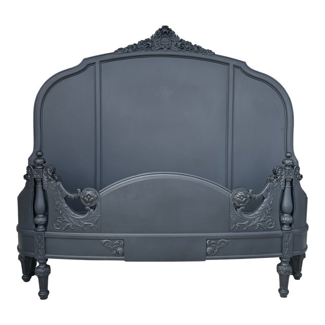 Antique 1940s Matte Black Painted Decorative Bed With Curved Footboard ...
