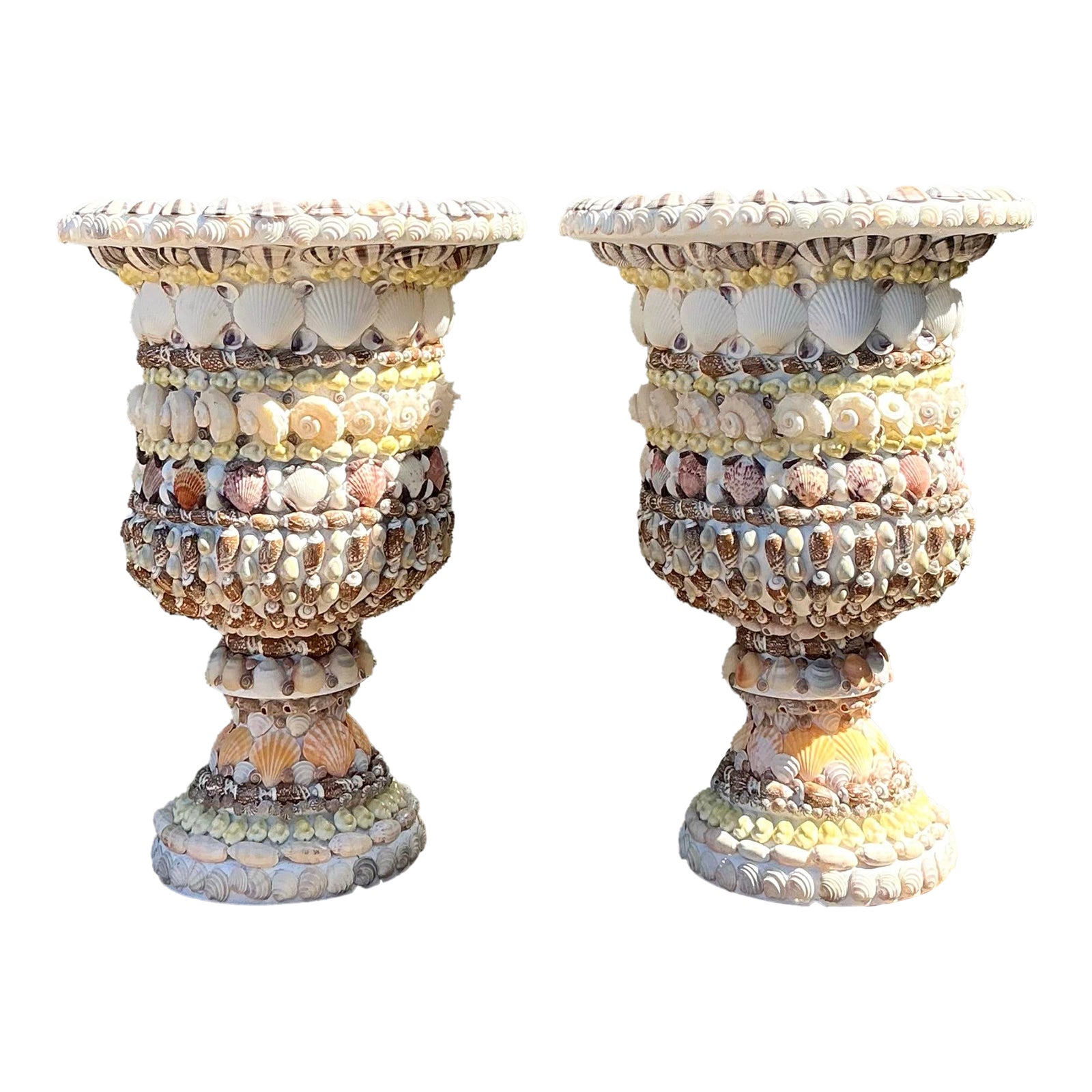 Vintage Shell Encrusted Resin Urns - A Pair | Chairish