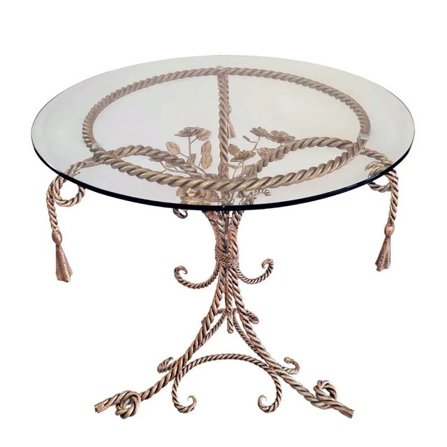 1930’s Italian Hollywood Regency Twisted Iron Rope & Tassel Glass Top ...