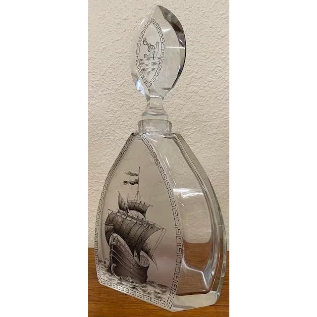 Late 20th Century Crystal Whiskey Decanter With Nautical Theme | Chairish