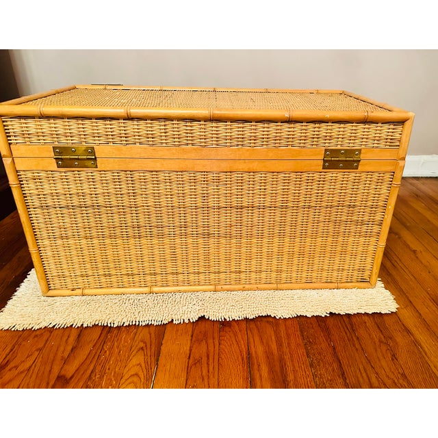 1980s Vintage Tan Rattan Trunk With Bamboo Trim | Chairish