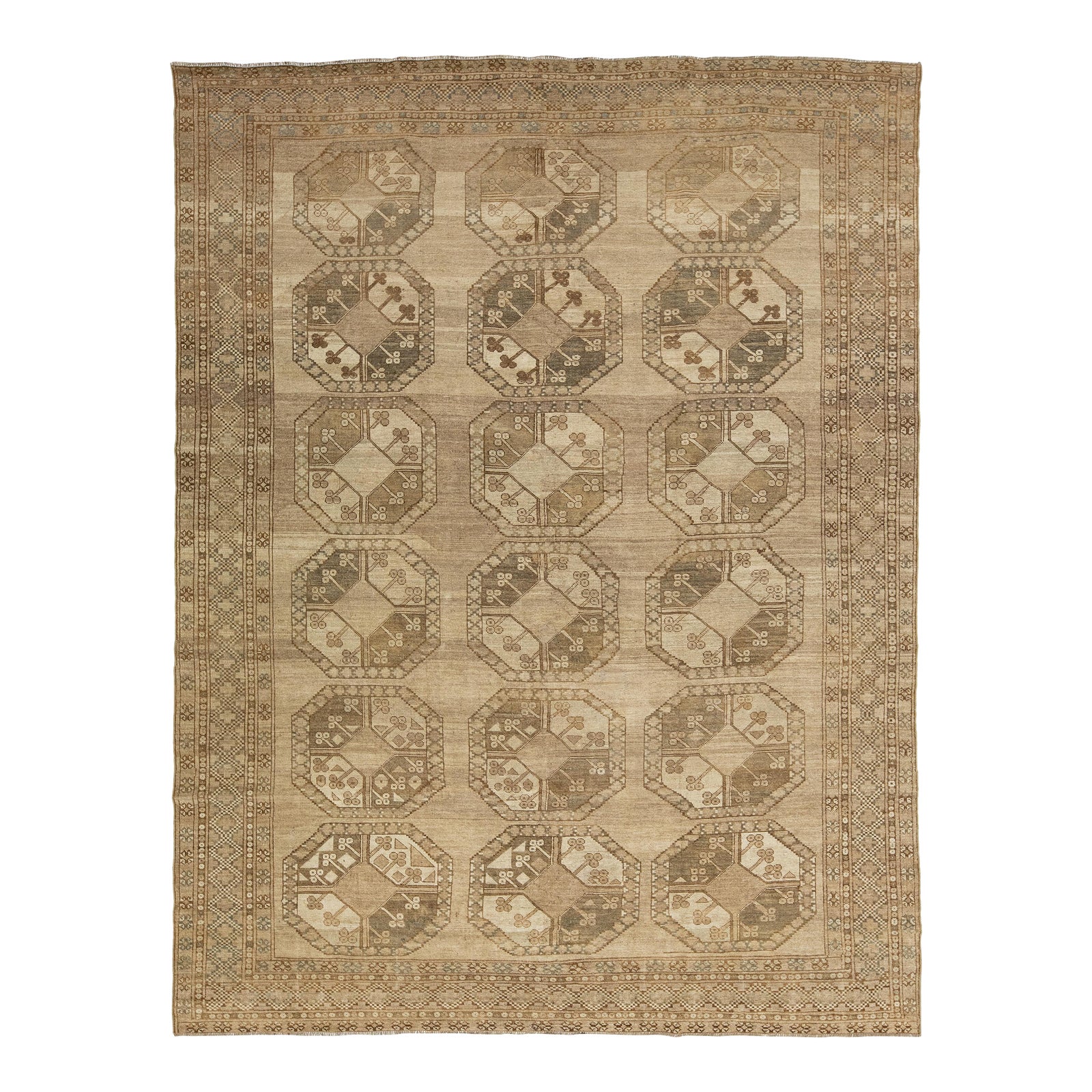 Antique Handmade Turkmen Wool Rug With Gul Pattern in Beige | Chairish