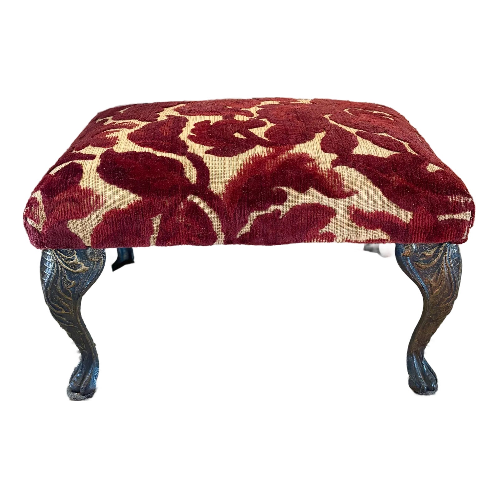 Antique French Damask Pouf With Brass Claw Feet | Chairish