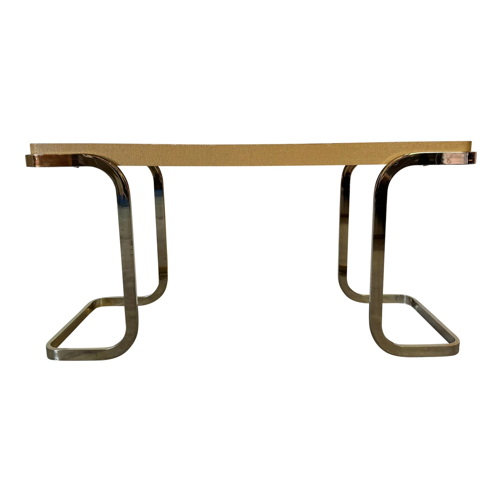 1980's Postmodern Beige Grasscloth and Brass Legs Sofá Consolé Table ...