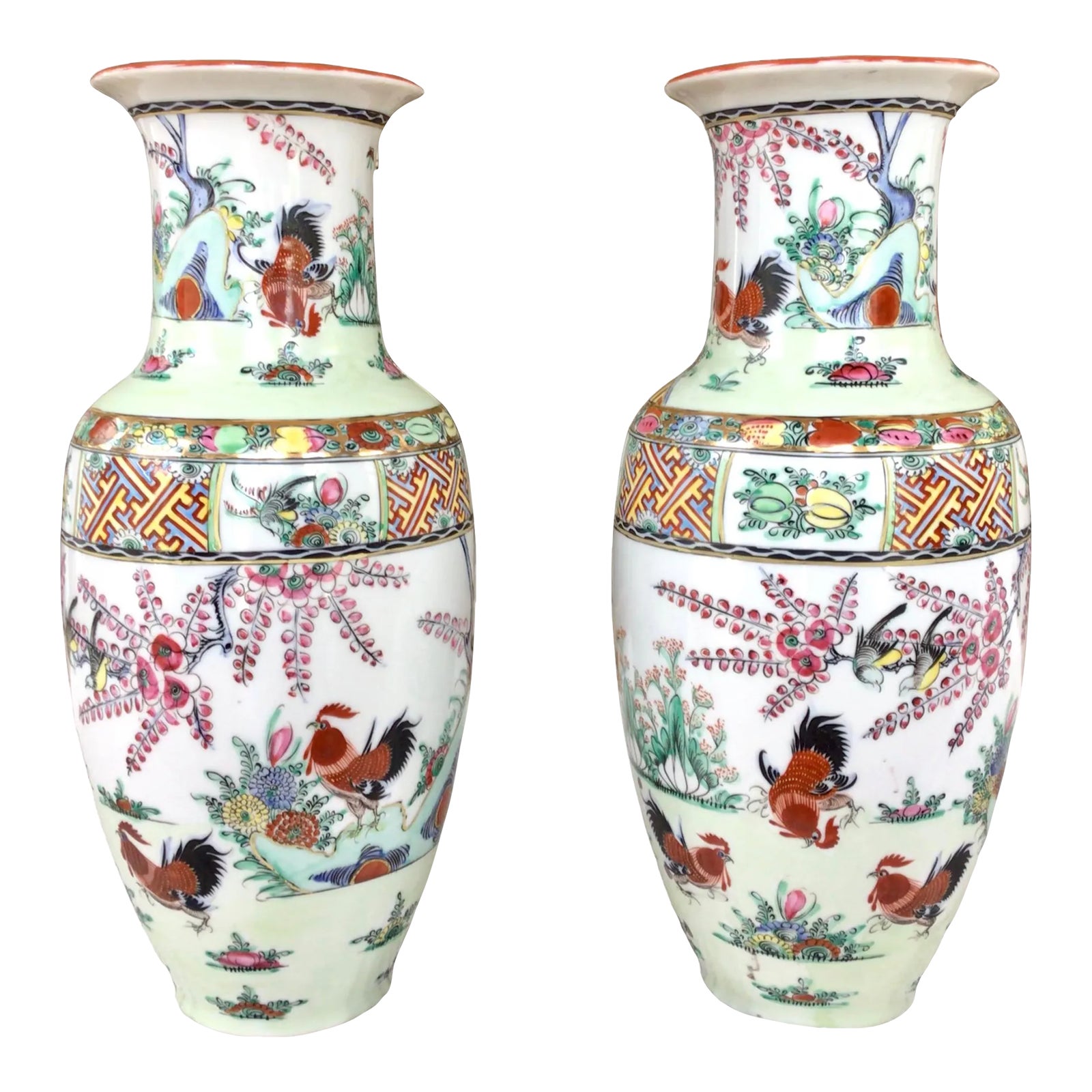 A Pair of Vintage Asian Vases Hand-Painted With Roosters and Florals in ...