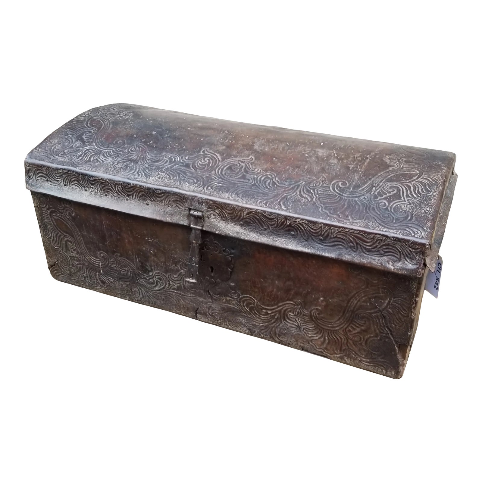 Antique Spanish Colonial Tooled Leather Trunk | Chairish
