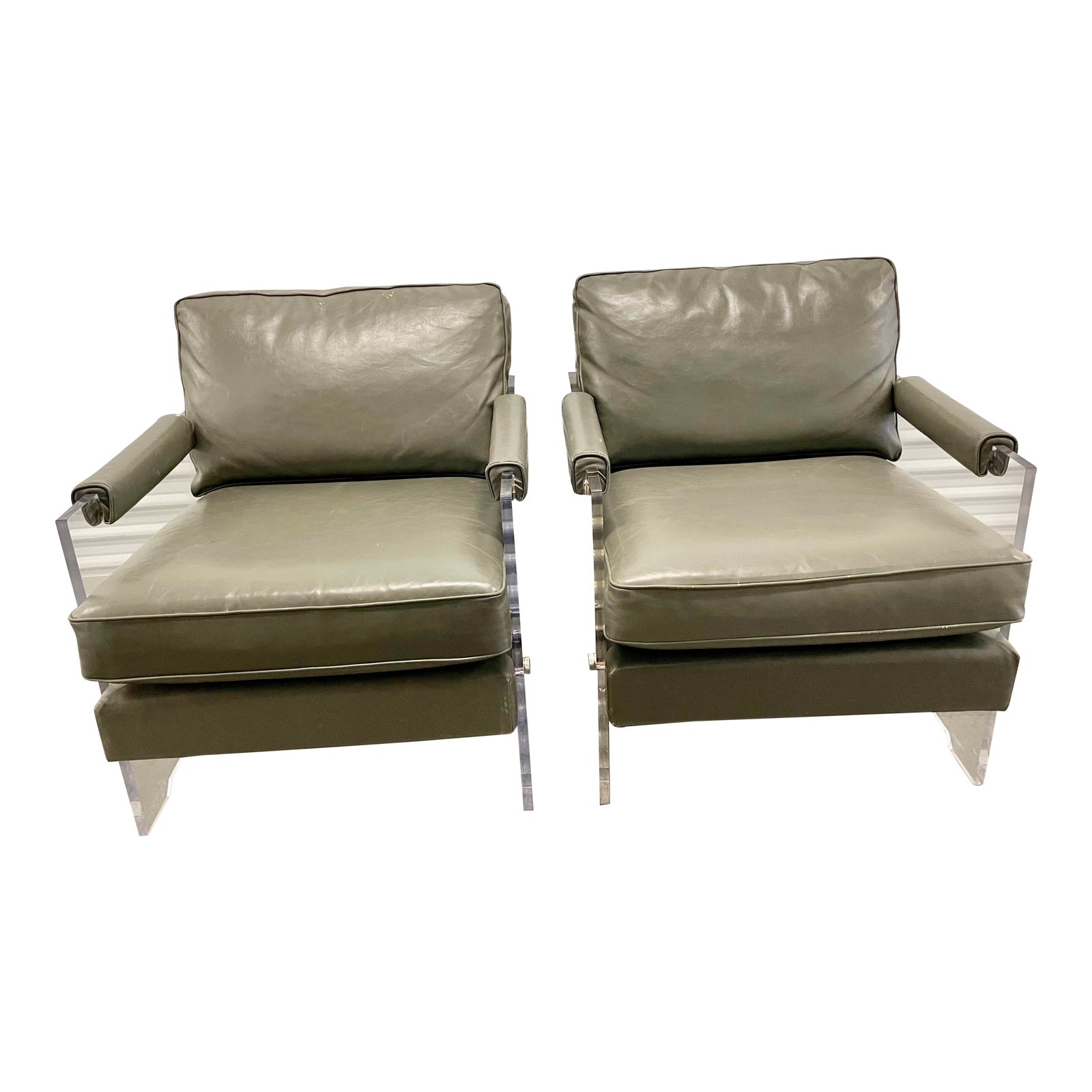 Mid Century Modern Floating Clear Lucite & Gray Leather Arm Chairs - a ...