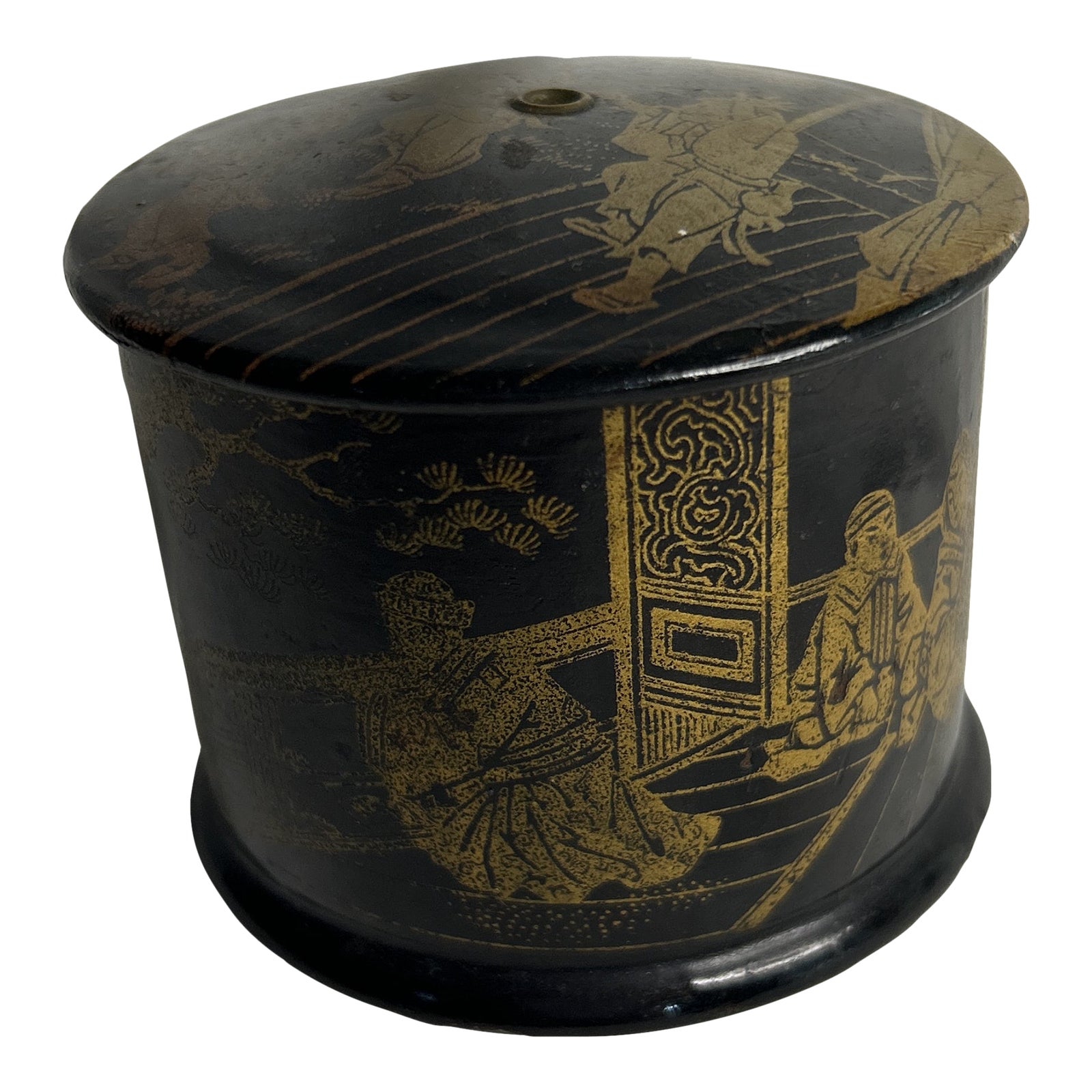 Vintage Asian Round Black Enamel Box With Gold Detail | Chairish