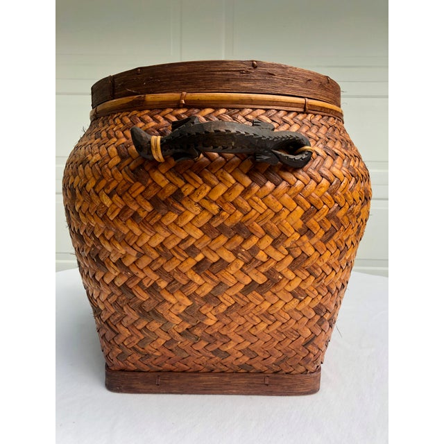 Mid 20th Century Large Herringbone Rattan Basket With Hand-Carved ...