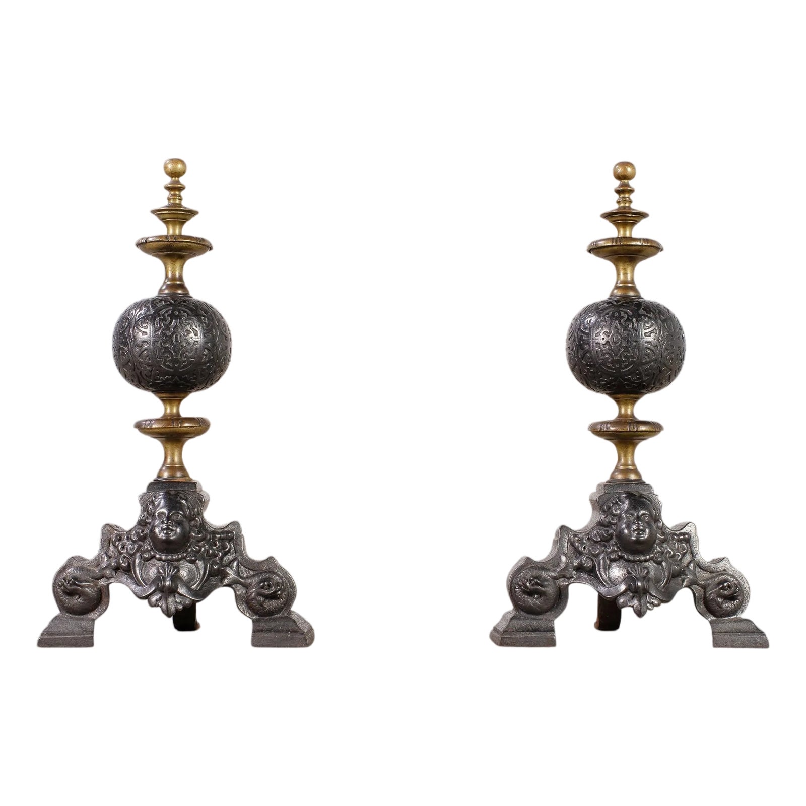 Pair of Dutch Baroque Style Iron Brass Andirons | Chairish