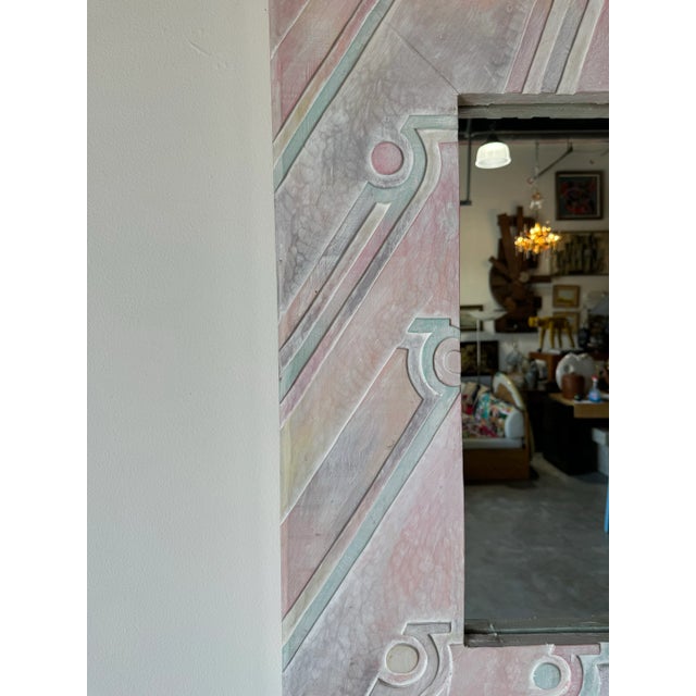 80's Postmodern Hand Carved Wood Geometric Pattern Wall Mirror | Chairish