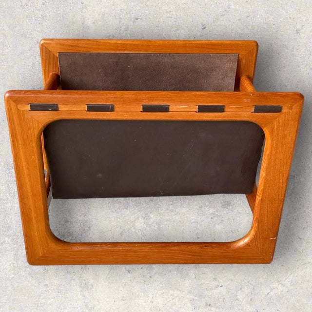 Mid Century Modern Teak Wood and Leather Danish Magazine Rack | Chairish