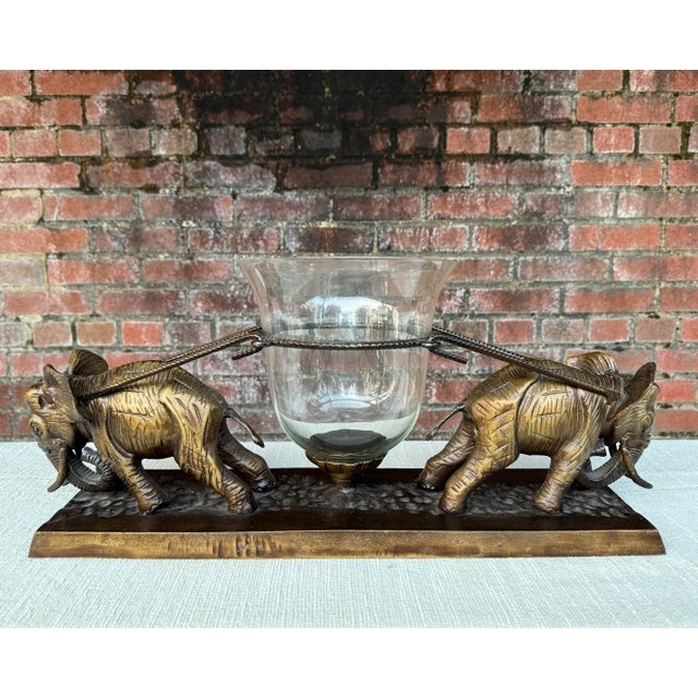 Vintage 1980s Brass Elephant & Glass Hurricane Centerpiece - Maitland ...