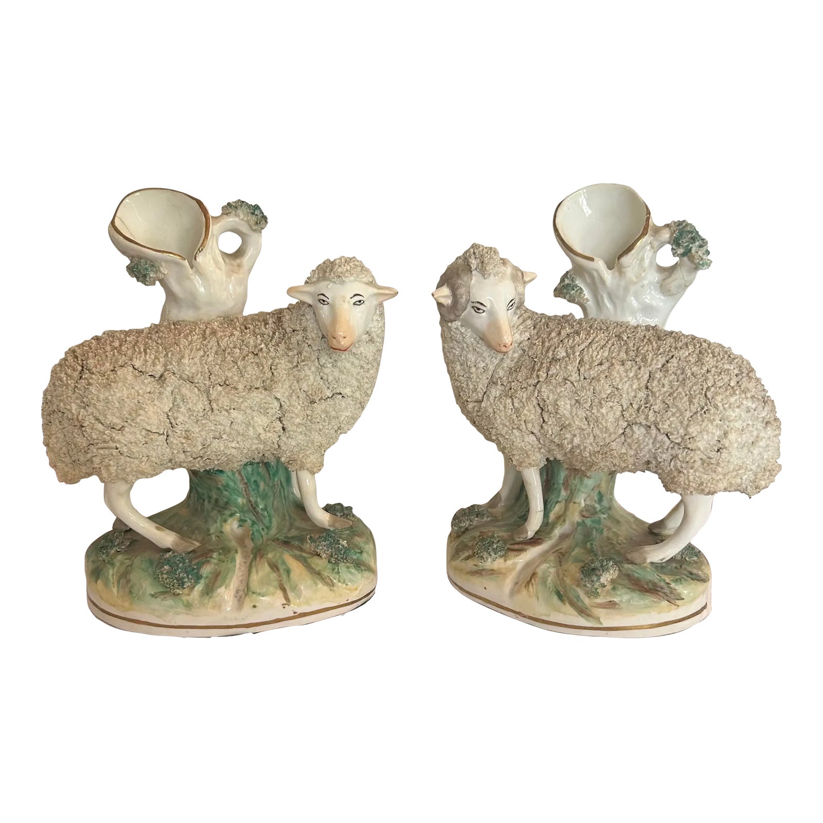 Antique Staffordshire Pair of Pastoral Sheep Spill Vases | Chairish