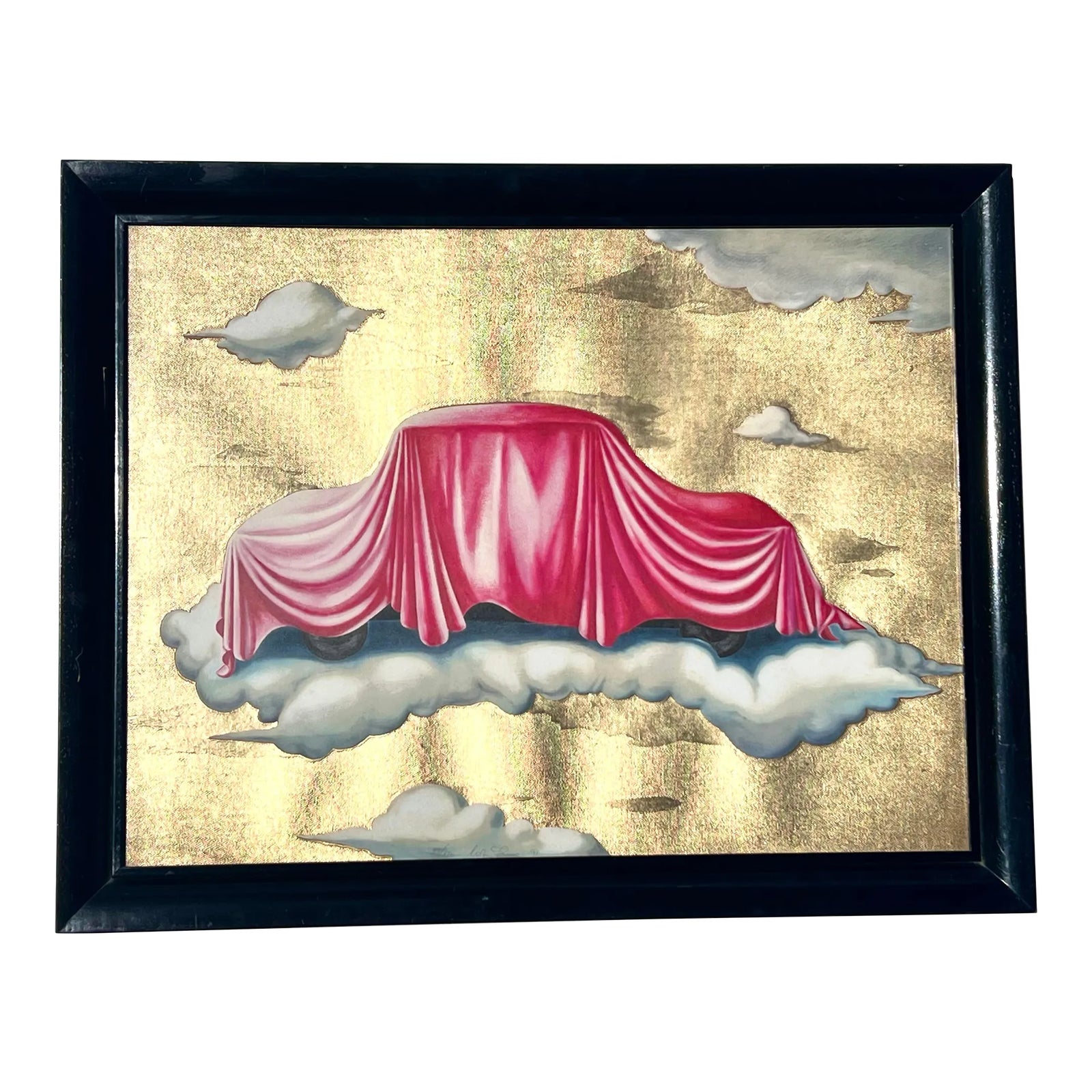 1991 Colored Lithography, Gilded " Car on Heaven" by Milan Kunc | Chairish