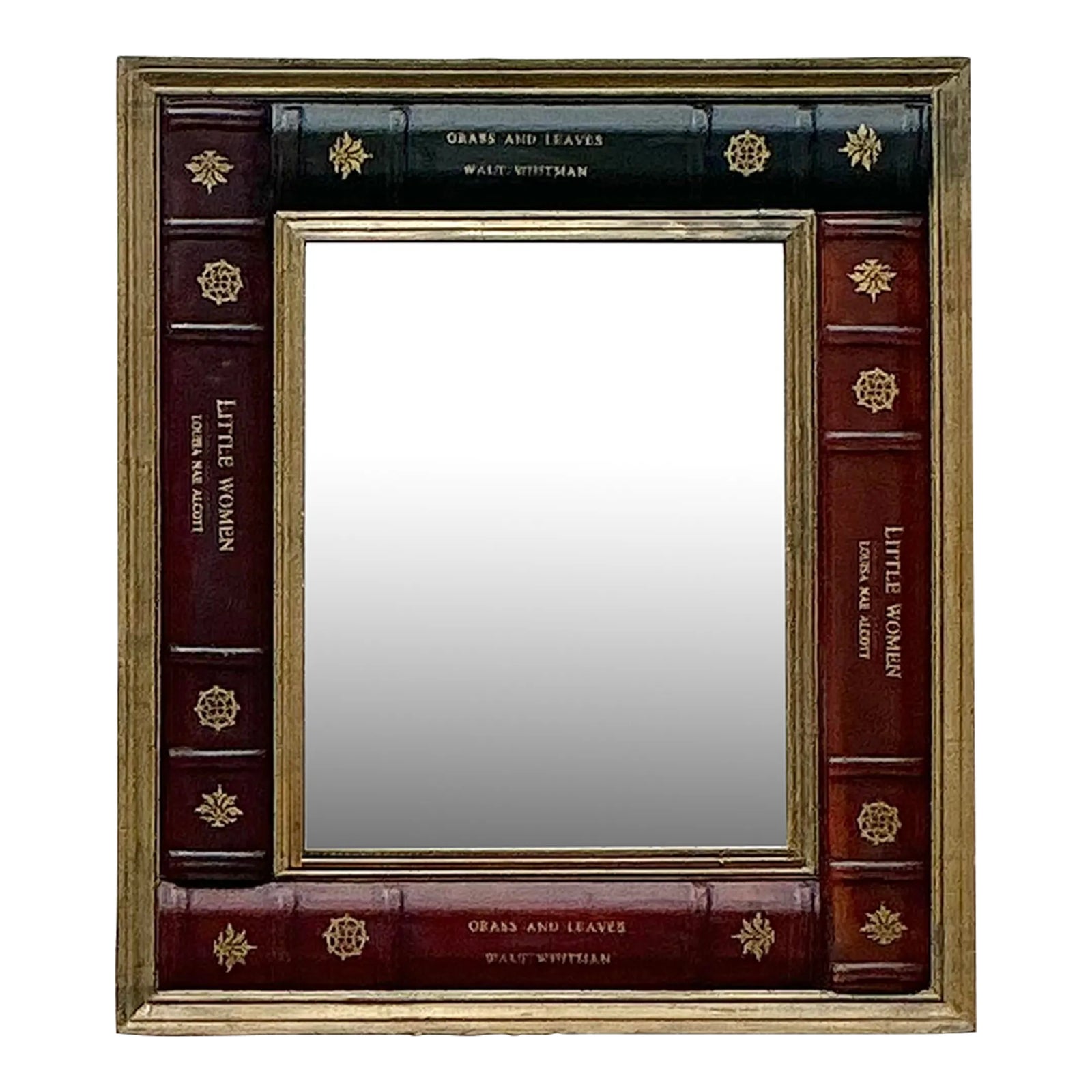 Vintage Regency Embossed Leather Books Mirror | Chairish