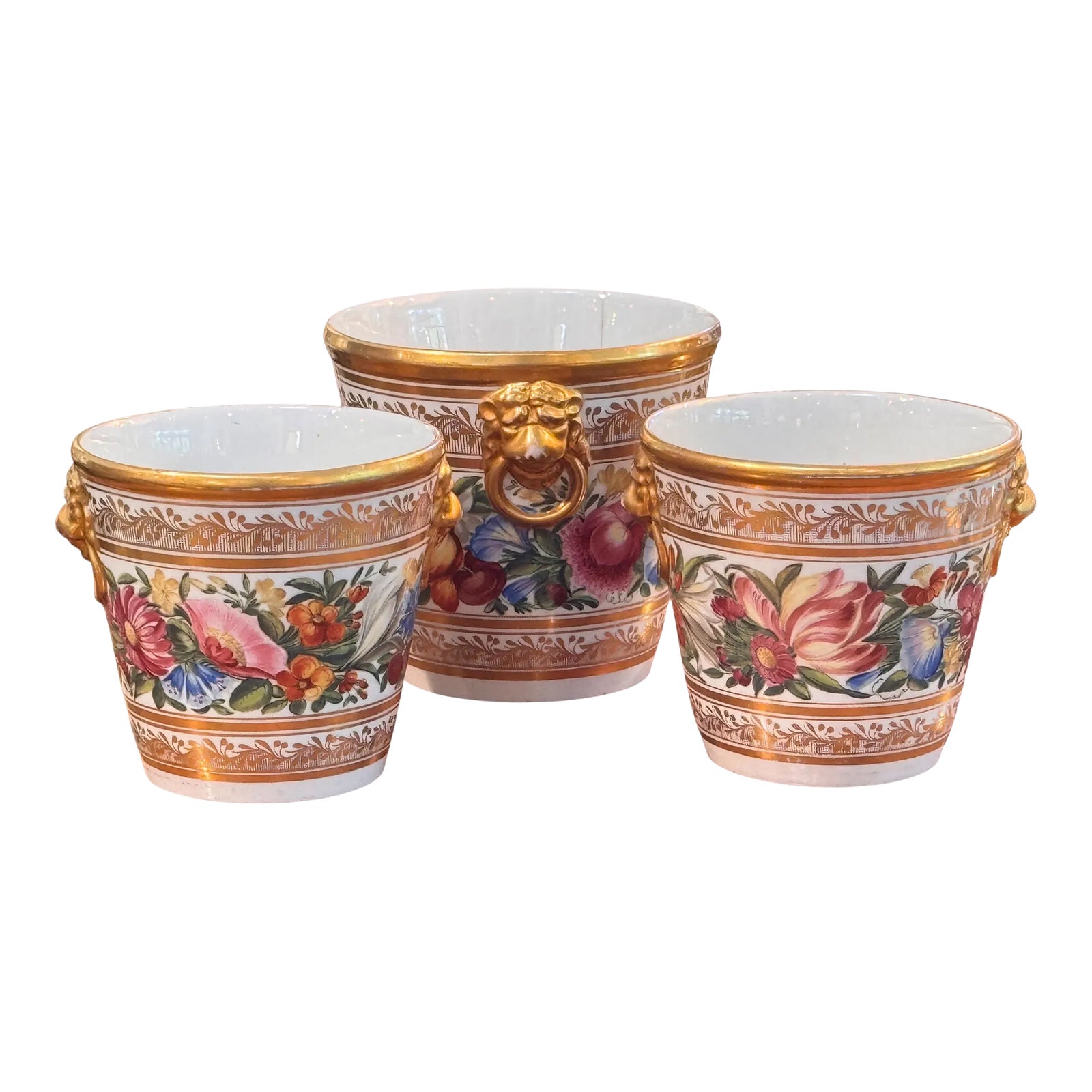 Set of Three Porcelain Cachepots With Floral Decoration and Gilt Lion ...