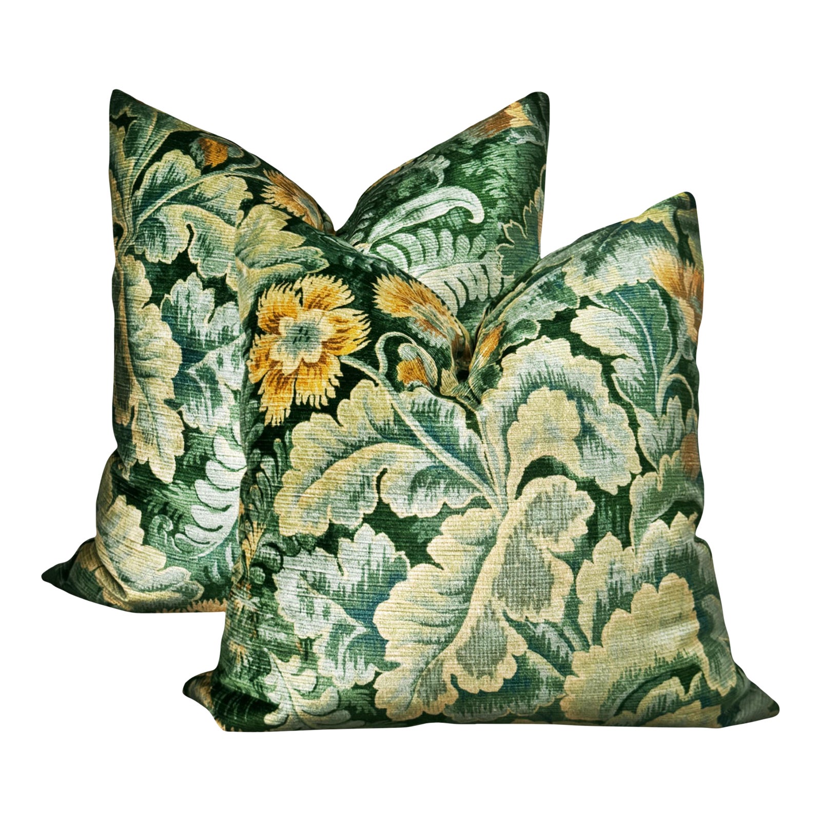 Chelsea Velvet Emerald and Saffron Pillows - A Pair | Chairish
