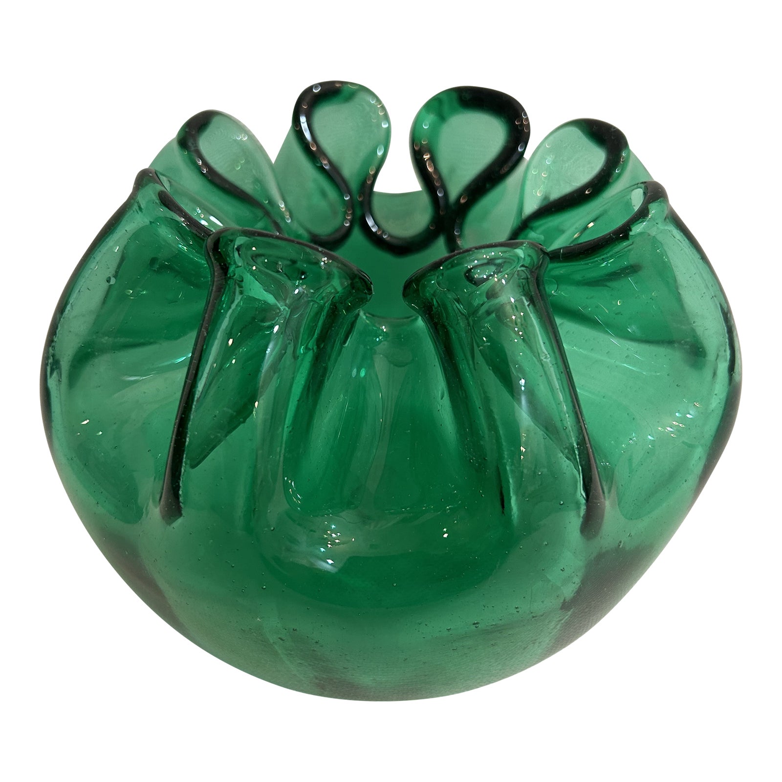 Vintage Hand Blown Emerald Green Pinch Vase | Chairish