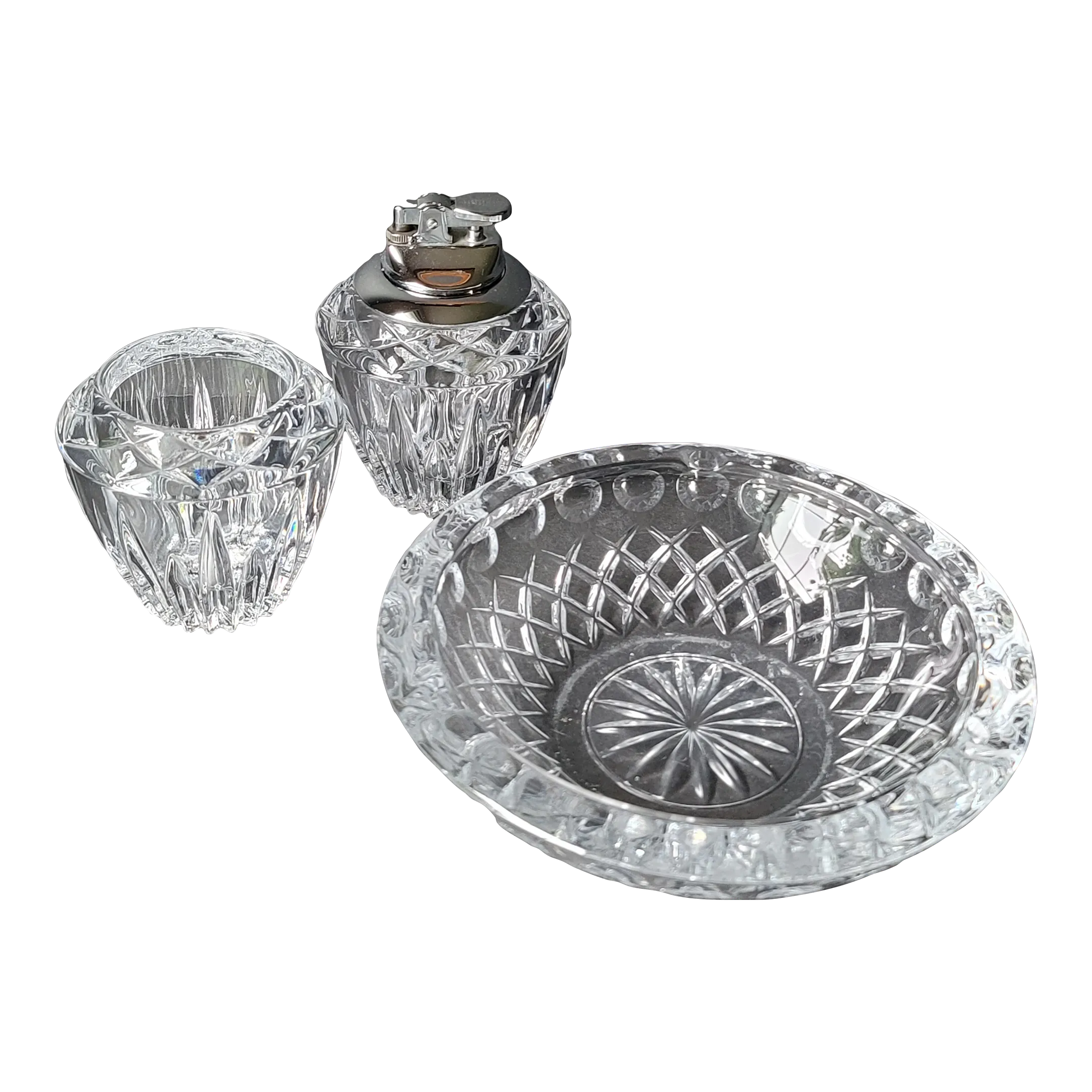 1970s Cut Crystal Large Ashtray Lighter and Cigarette Holder Set of 3