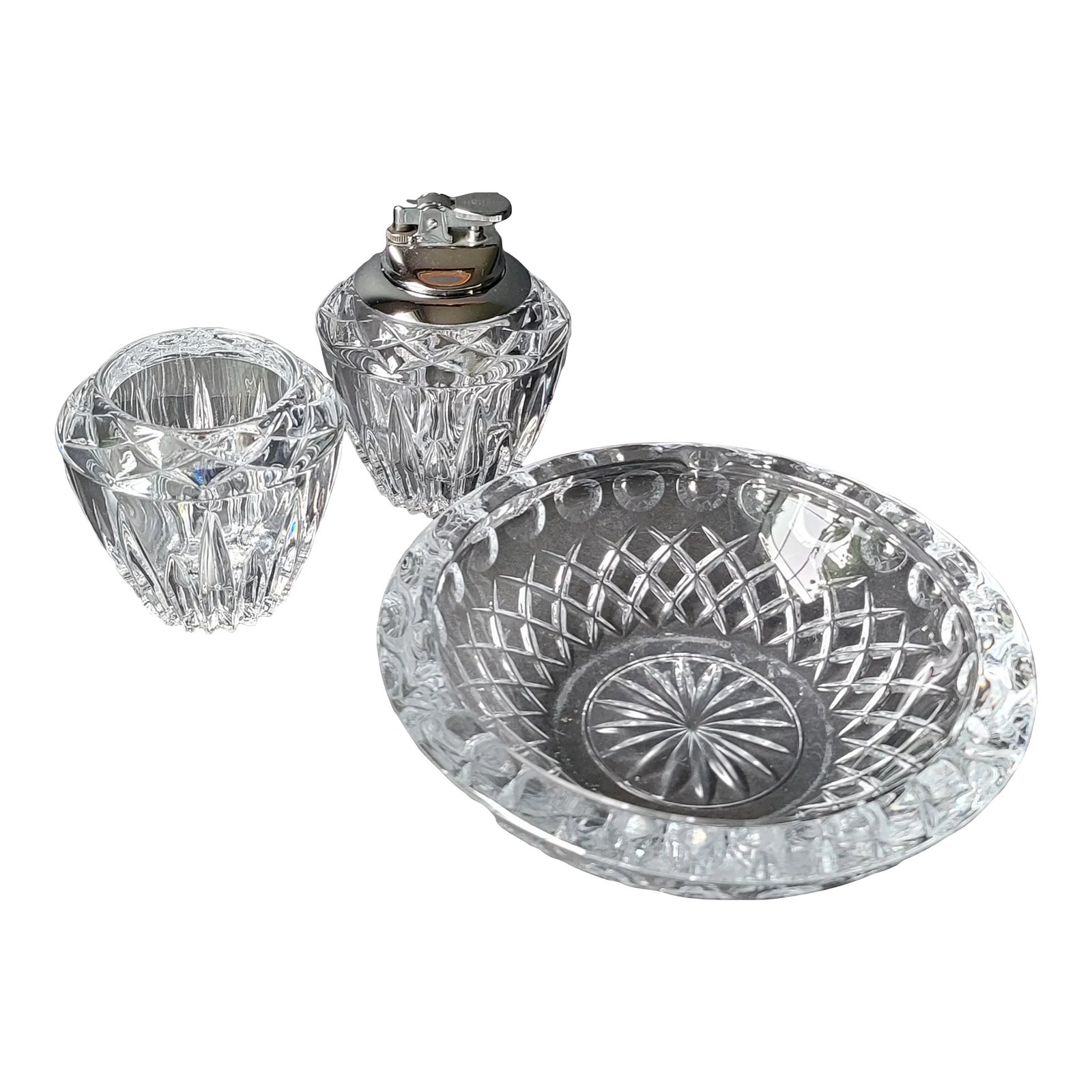1970s Cut Crystal Large Ashtray, Lighter and Cigarette Holder Set of 3 ...