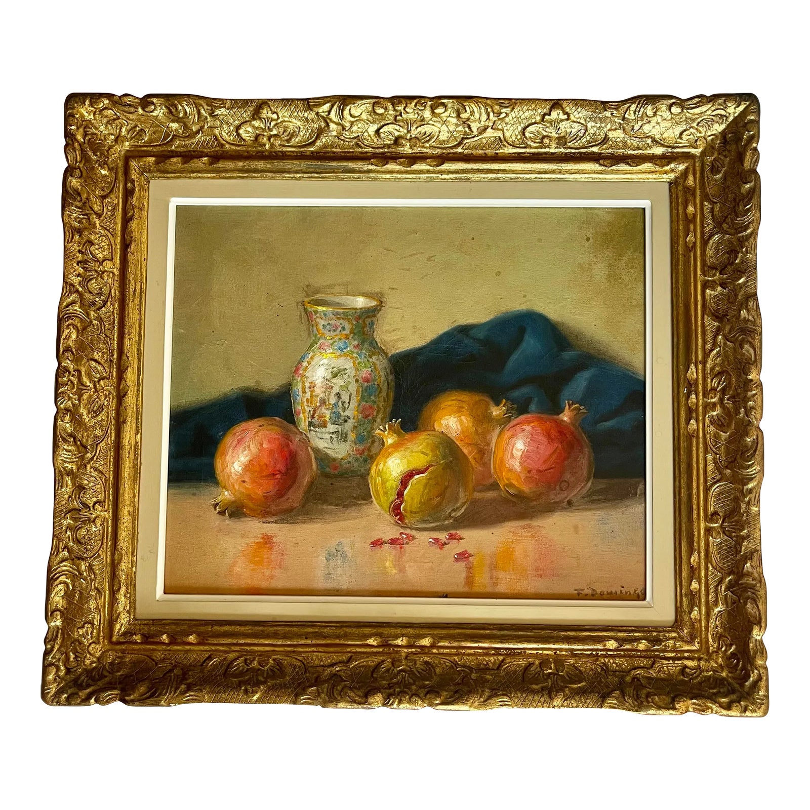 1950s Painting Still Life With Pomegranates Oil on Canvas Sign Domingo ...