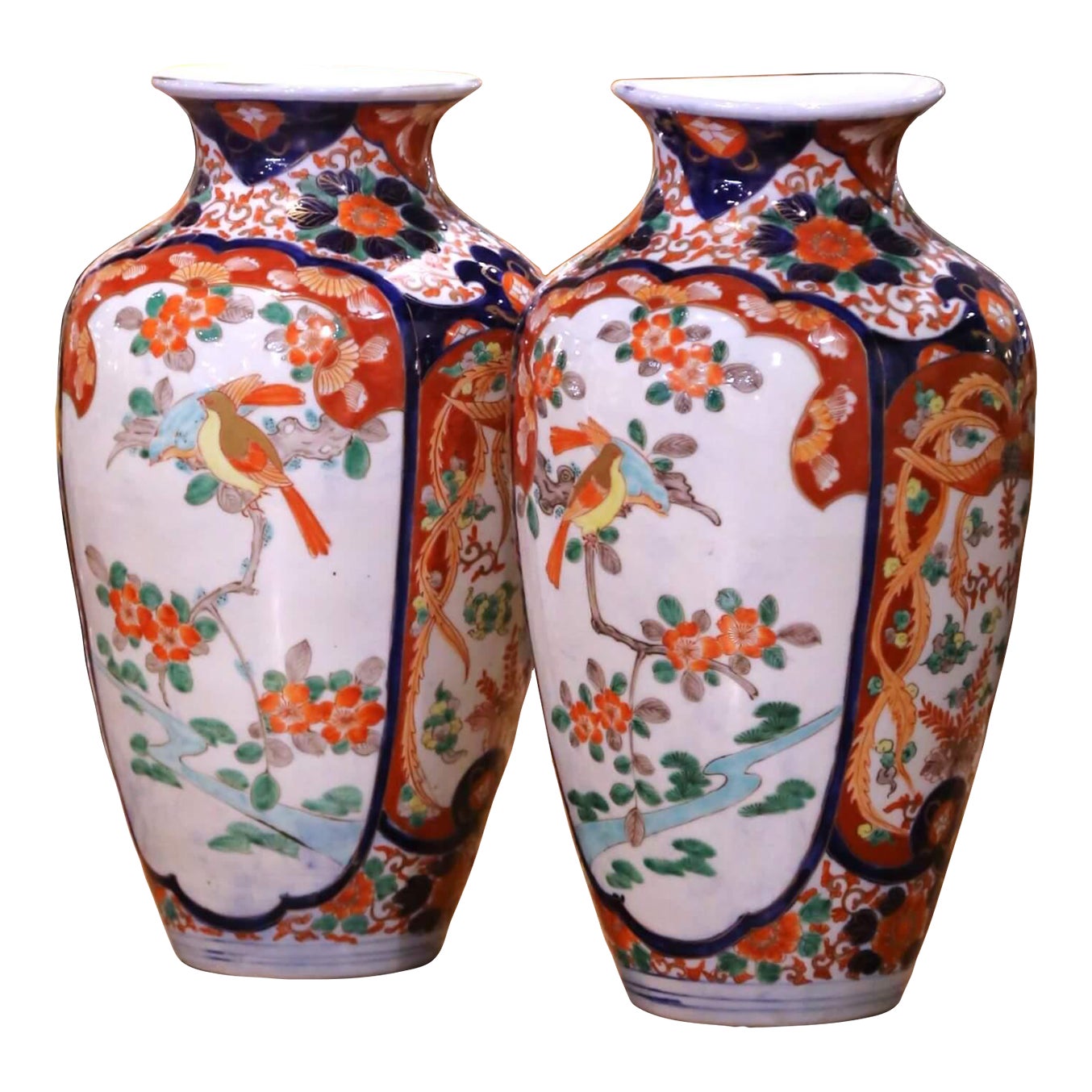 Pair of Meiji Period Japanese Imari Porcelain Vases With Songbirds and ...