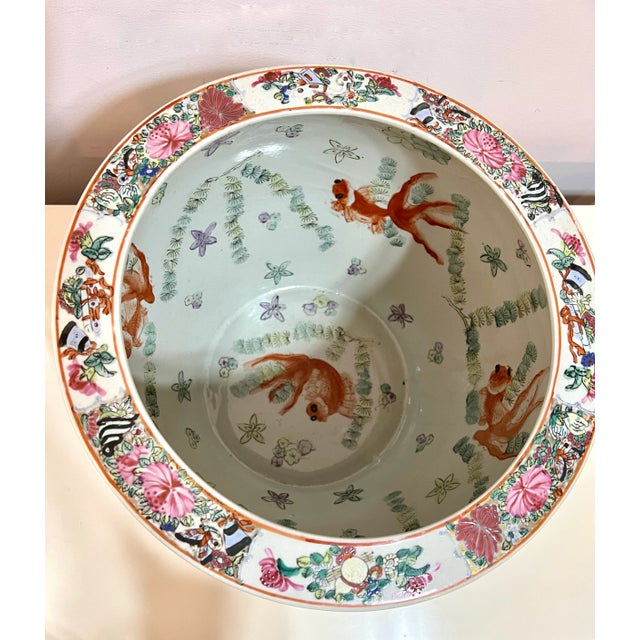 Vintage Chinese Rose Medallion Fish Bowl Planter with Koi Fish | Chairish