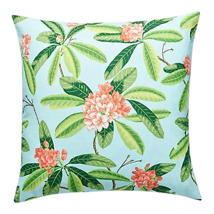 The House of Scalamandré Rhododendron Outdoor Pillow, Coral on Aqua ...