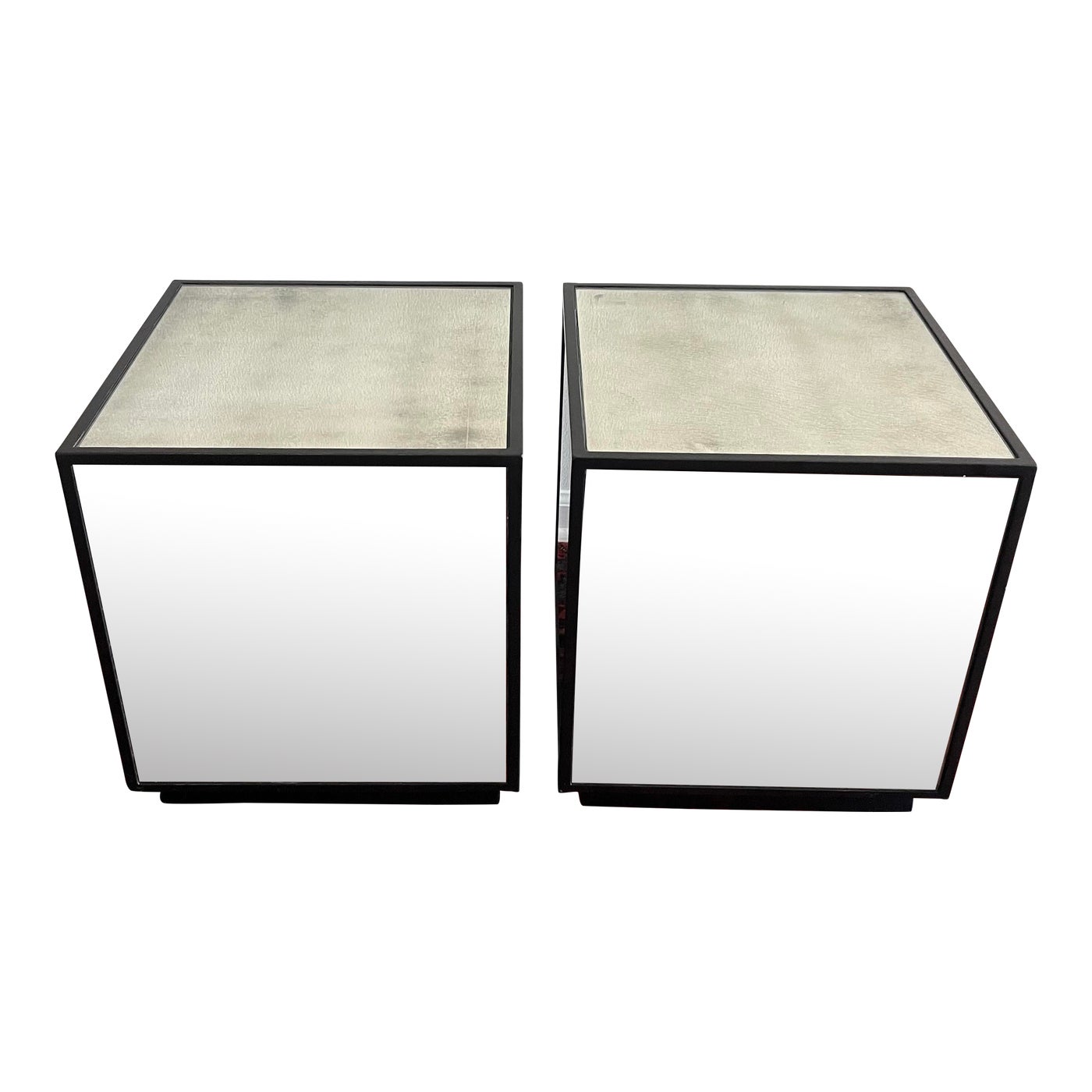 Antiqued Mirrored Cube Side Tables - A Pair | Chairish