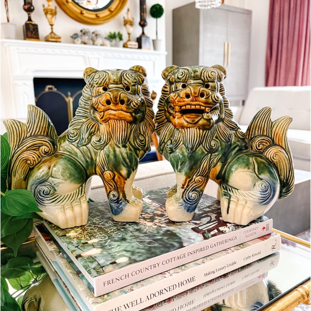 Pair of Mid 20th Century Chinese Green & Blue Glazed Ceramic Foo Dog ...