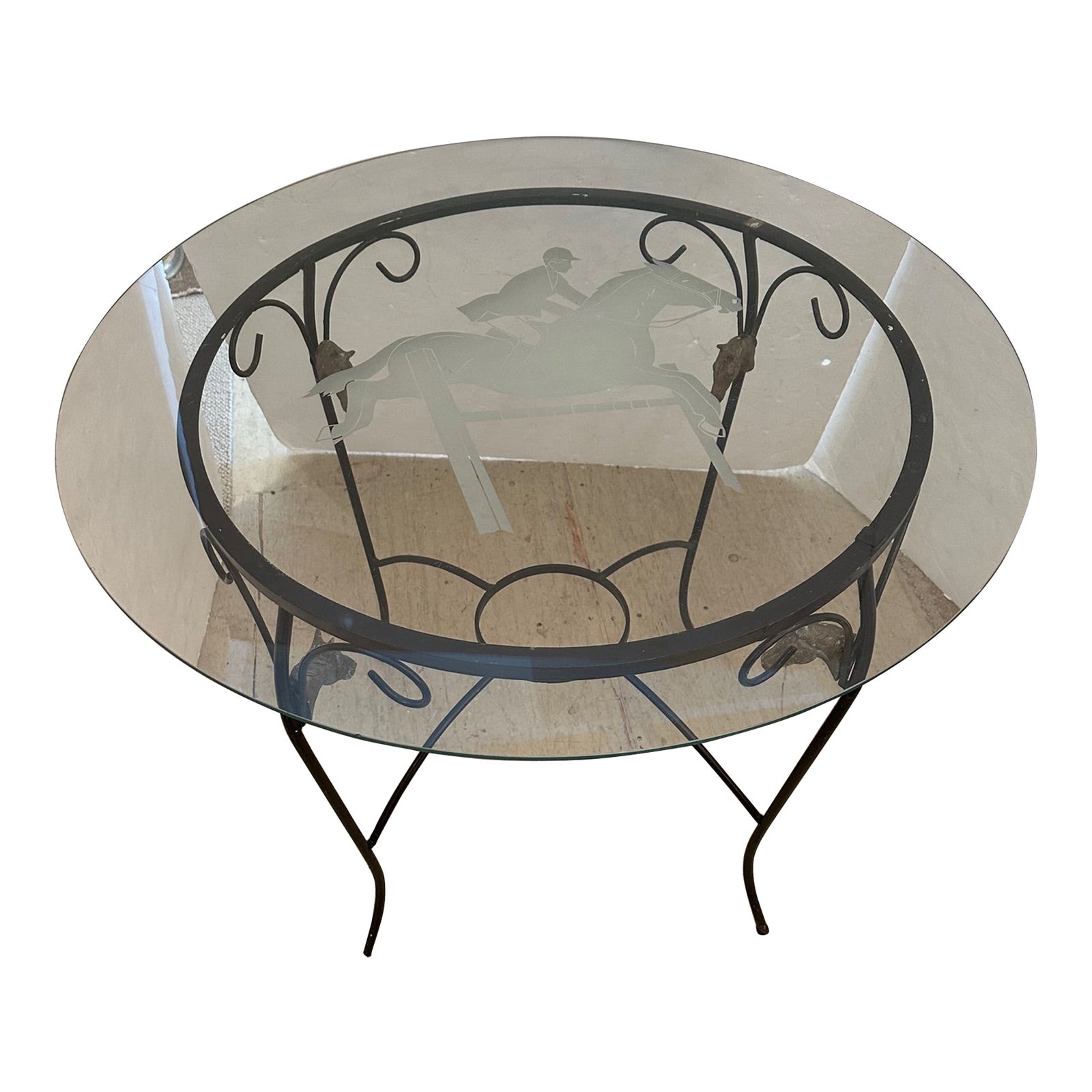 Etched Glass & Iron Round Table With Equestrian Motif | Chairish
