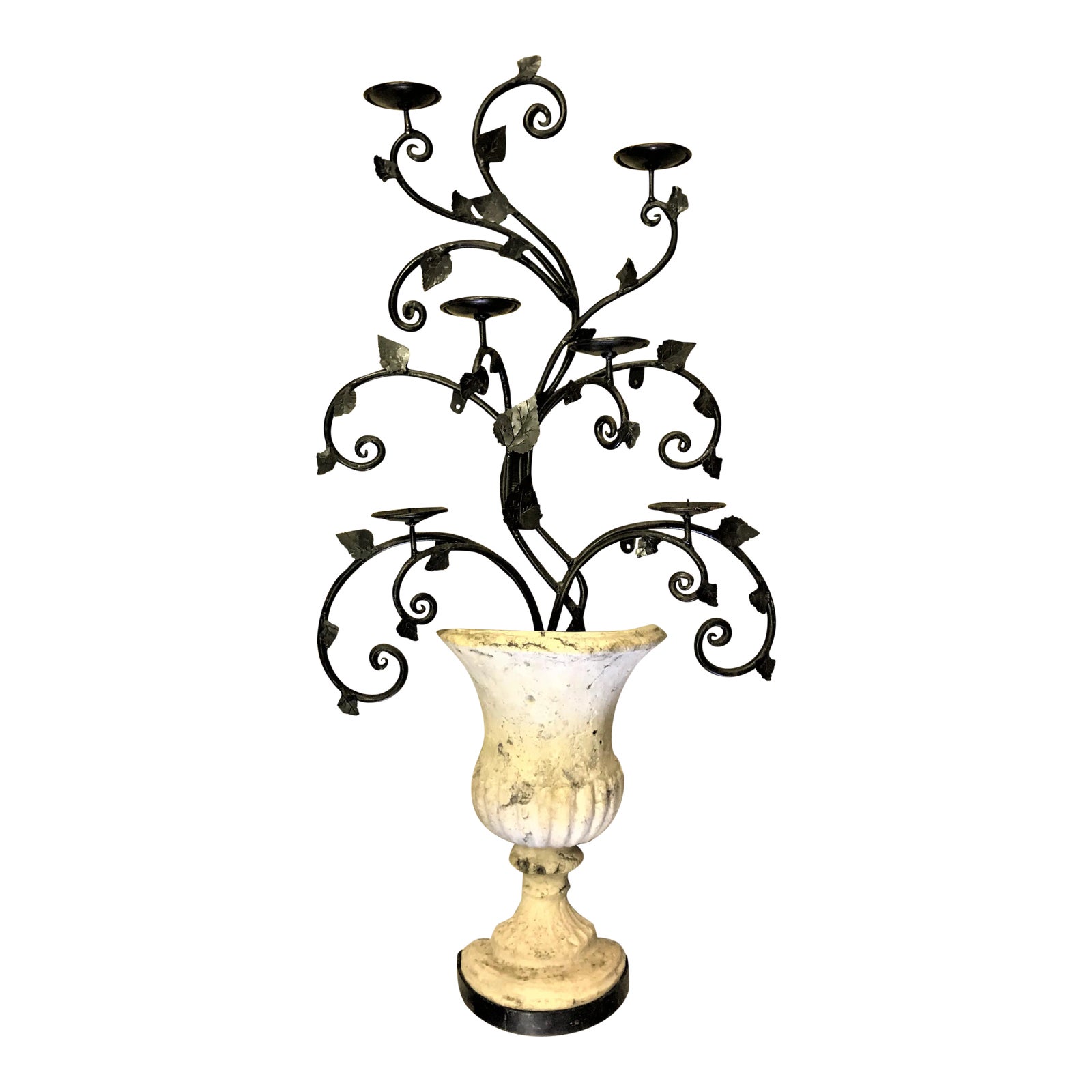 Stone Wall Urn With Iron Candelabra | Chairish