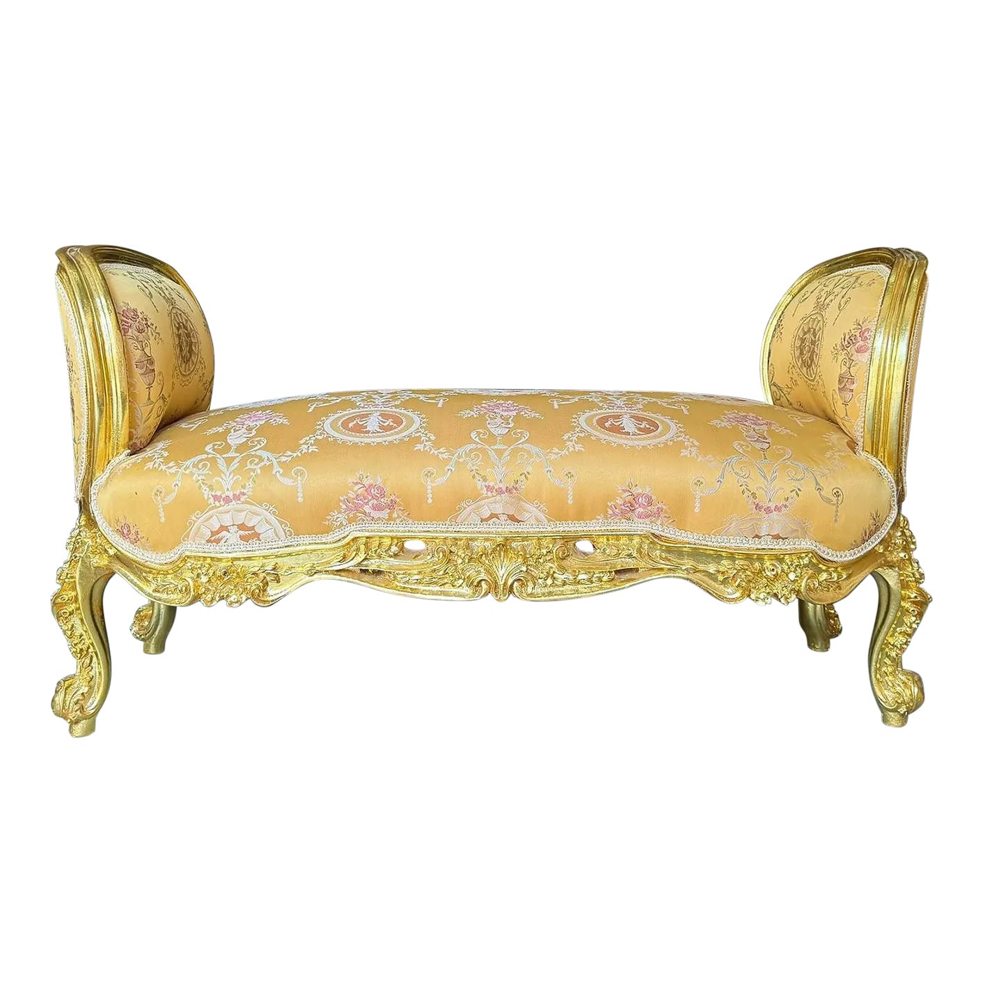 French Style Marquis Yellow Bench With Gold Details | Chairish