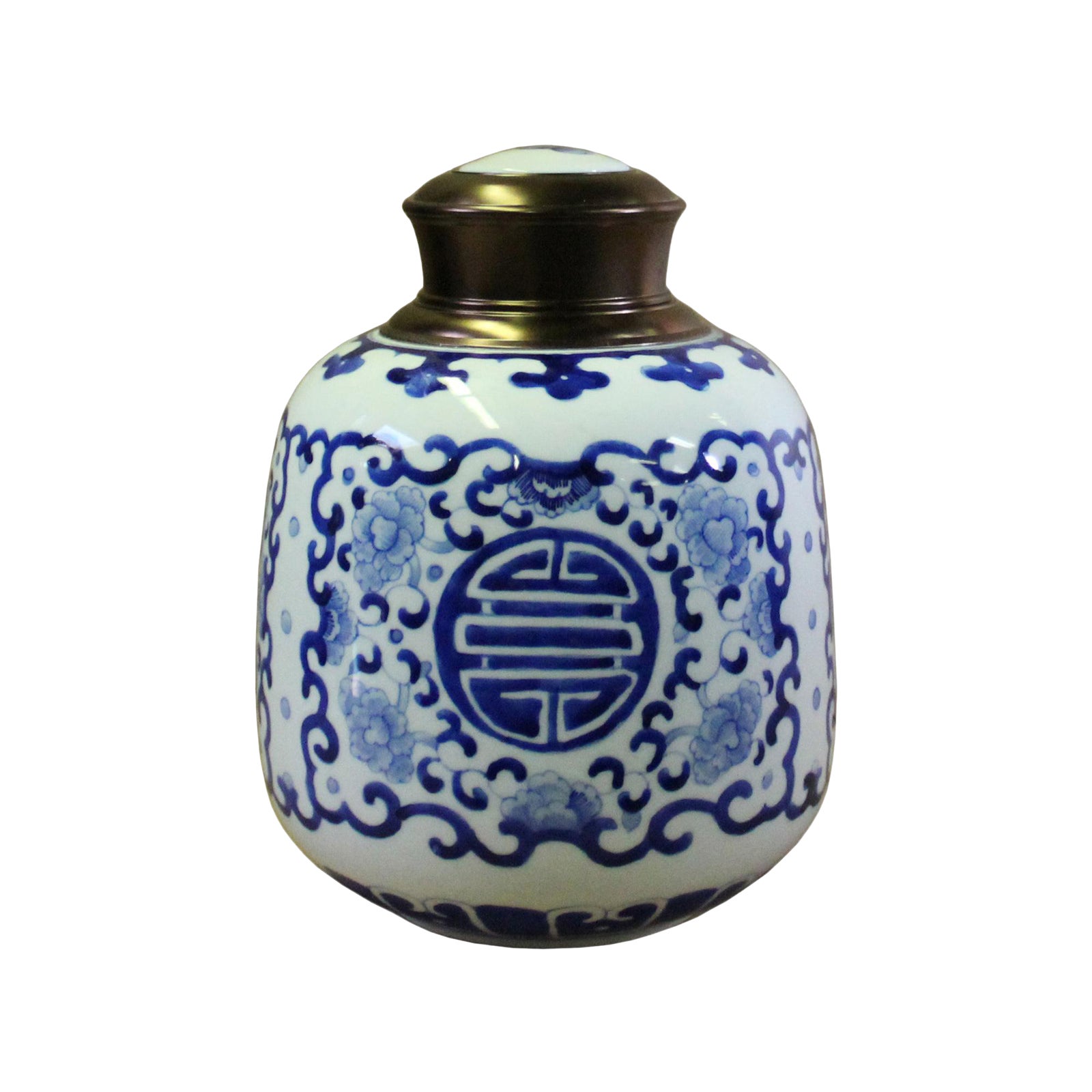 Oriental Handmade Blue White Porcelain Metal Lid Container Urn | Chairish
