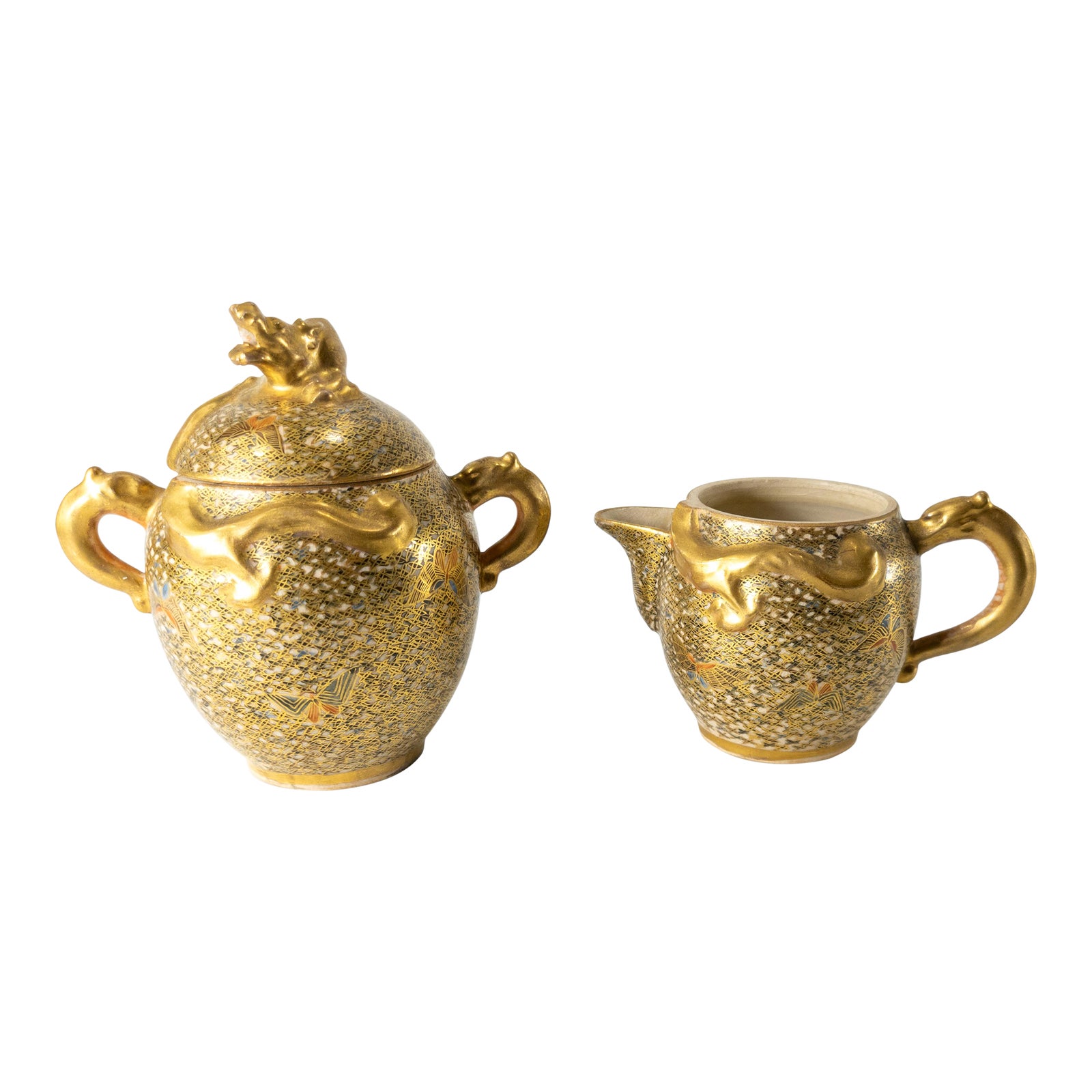 Early 20th Century Japanese Gilt Satsuma Sugar and Creamer | Chairish
