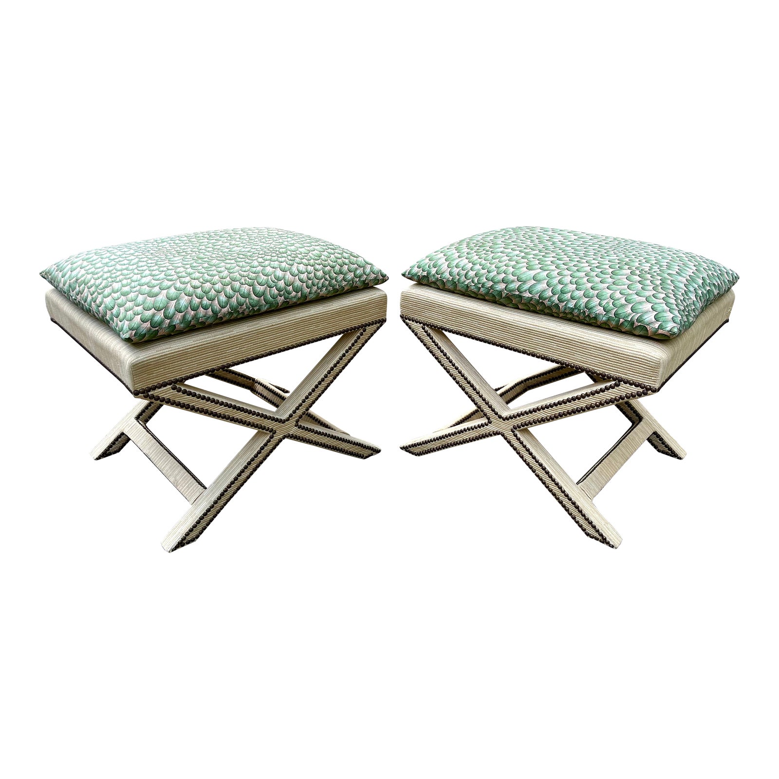 1960s Pair of Mid-Century X Form Benches With Antique Brass Nailheads ...