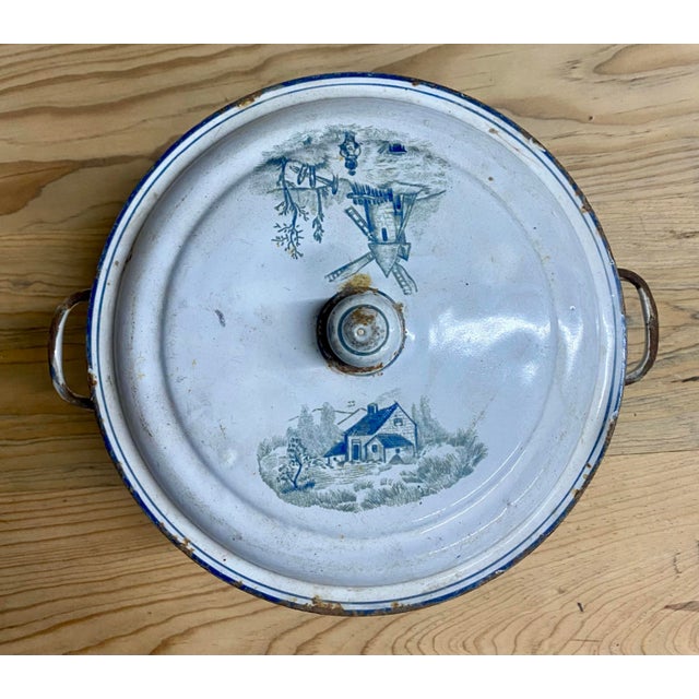 Vintage French Blue and White Enamelware Metal Pot With Lid | Chairish