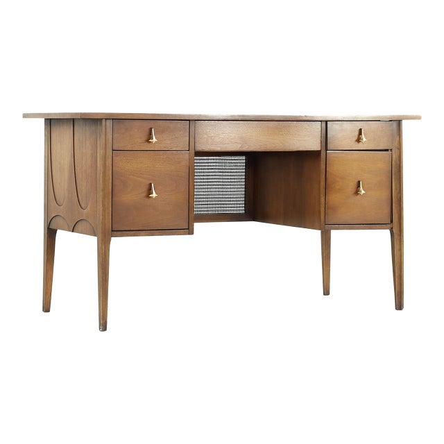 Broyhill Brasilia Mid Century Desk Walnut and Brass Desk | Chairish
