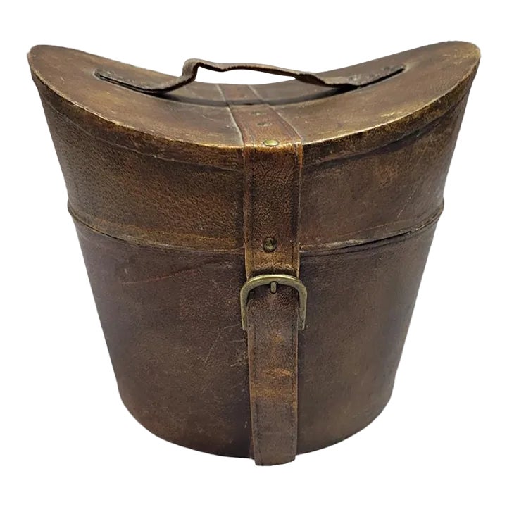 19th C Wood and Leather Men's Hat Box With Brass Buckle | Chairish