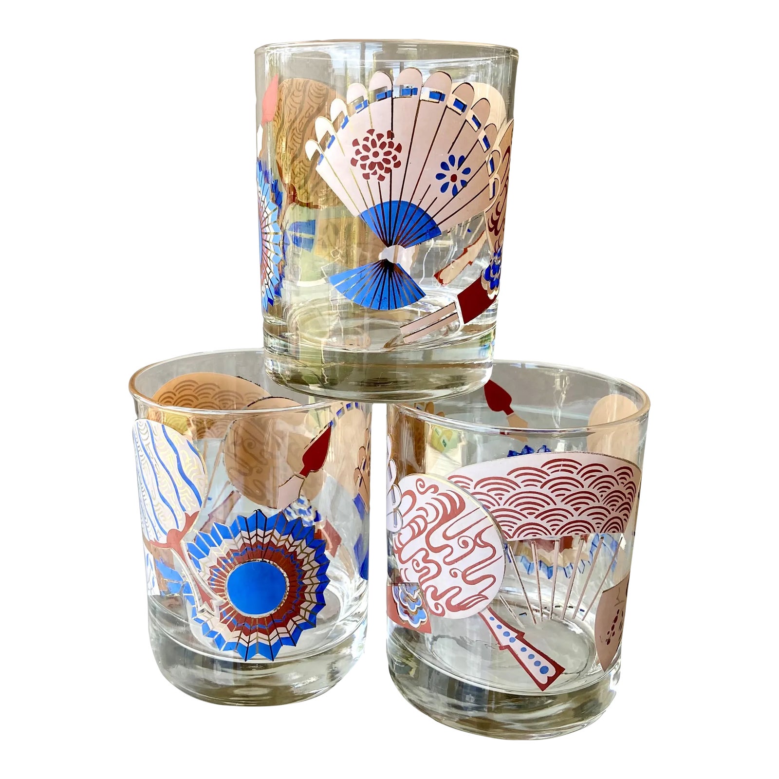 Mid 20th-Century “Japanese Fans & Combs” Motif Lowball Glasses ...